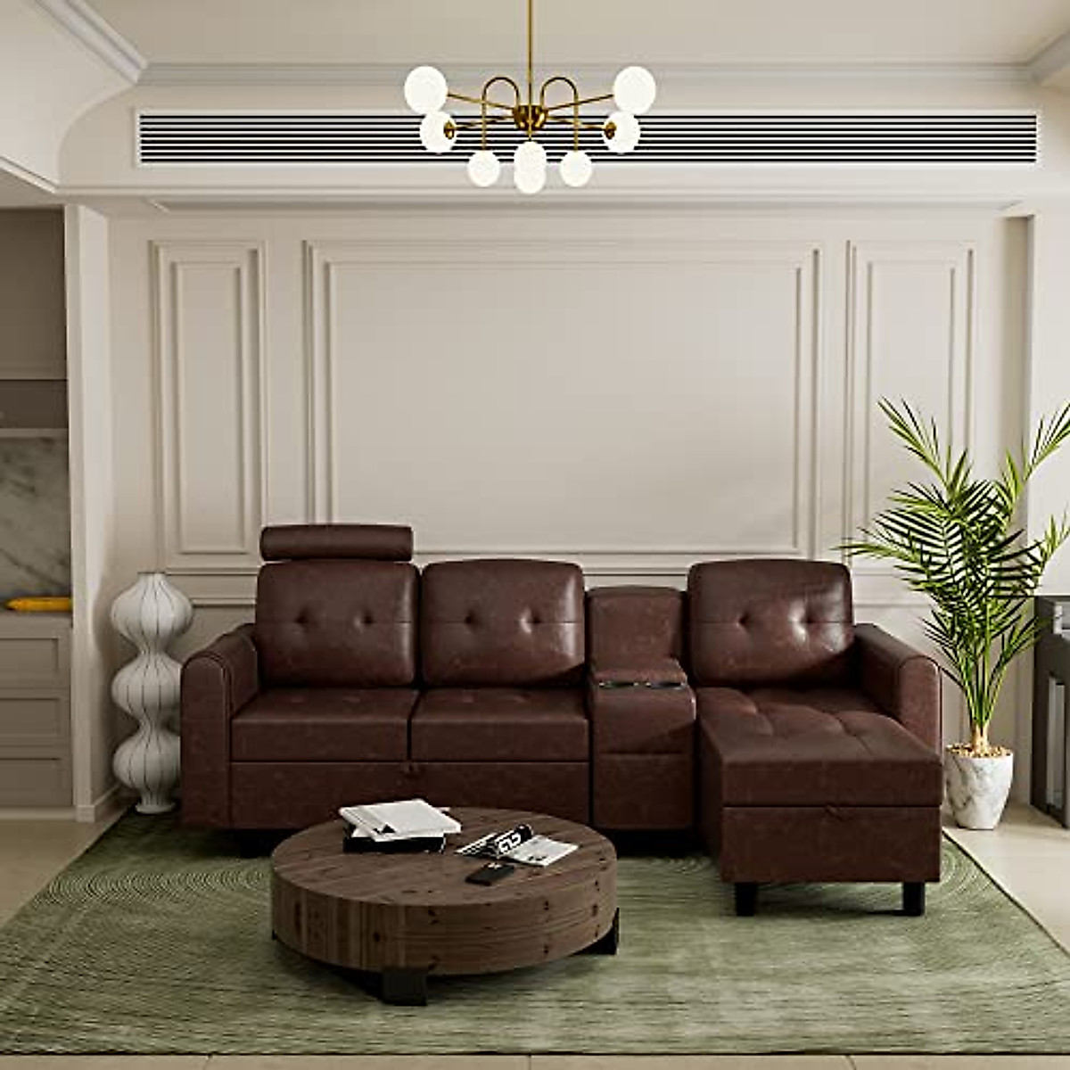 Olela L Shaped Couch, Faux Leather Modular Sectional Sofa Modern Convertible Storage Couches with Side Pocket Tufted Back for Living Room,Apartment (Brown PU)