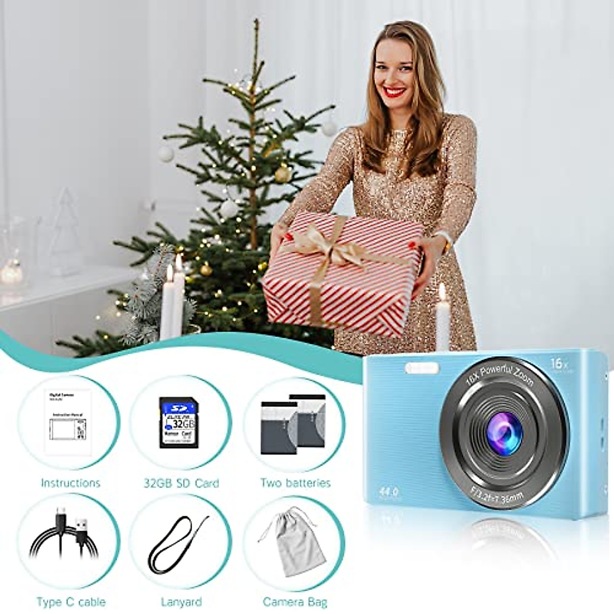 Saneen Digital Camera, FHD 2.7K & 44MP Kids Camera Video Cameras for Photography with 32GB SD Card 16X Digital Zoom, Compact Point and Shoot Camera Small Camera for Beginners, Kids and Teens-Blue