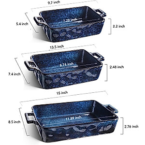 VICRAYS Ceramic Bakeware Set, Porcelain Rectangular Lasagna Pans Casserole Dish Set for Baking, Cooking, Kitchen, Cake Dinner, Banquet and Daily Use, 3 PCS, 15 x 8.5 Inches(Blue)