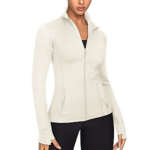 GYM RAINBOW Women's Lightweight Running Jackets Cottony-Soft 4-Way Stretch Zip up Slim Fit Workout Yoga Athletic Jacket(A-Ivory White,Large)