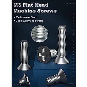 Zmbroll M3 Flat Head Machine Screws,304 Stainless Steel Phillips Countersunk Fasteners Bolts Assortment Kit M3 x 3mm / 4mm / 5mm / 6mm / 8mm / 10mm / 12mm / 14mm / 16mm/ 18mm