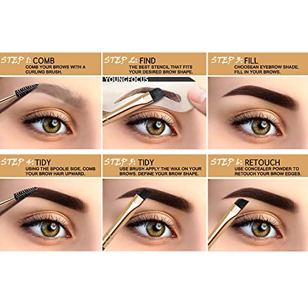 Youngfocus Eye Makeup Brow Contour Kit, 6 Waterproof Eyebrow Powders Palette Set, 5 Eyebrow Stencils,14 Highly Pigmented Eyeshadows, 3 Highlighter Contour Powders, Spoolie/Brush Duo, Eye Brow Wax - Best Gift