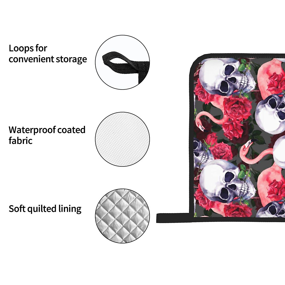 LAKIMCT Flamingo Red Rose Skull Oven Mitts and Pot Holders Sets Non-Slip Potholders Heat Resistant Oven Gloves for Kitchen Baking Cooking BBQ, 4-Piece Set