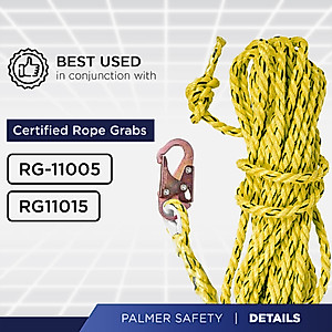Palmer Safety Fall Protection 50' Vertical Rope Lifeline with One Locking Snap Hook I 5/8" Diameter Co-Polymer Twisted Rope I Ideal use for Climbing, Roofing, Scaffolding, Search & Rescue (Yellow)