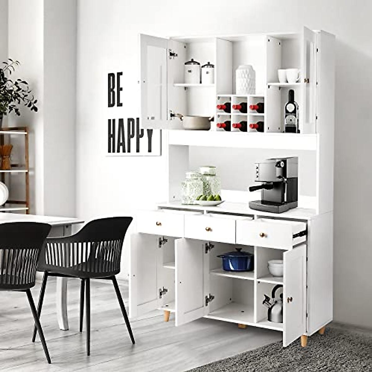 SMOOL 71" Traditional Freestanding Kitchen Pantry, Pantry Cabinet with 3 Drawers, Kitchen Cupboard with 5 Storage Cabinets, White