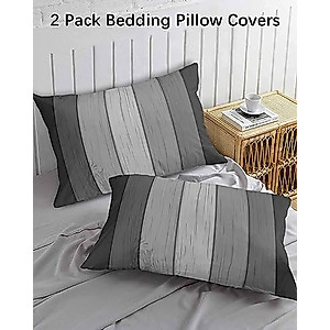 Edwiinsa Black Grey Ombre Pillow Covers King Standard Set of 2 20x36 Bed Pillow, Farmhouse Rustic White Wooden Striped Plush Soft Comfort for Hair/Skin Cooling Pillowcases with Envelop Closure
