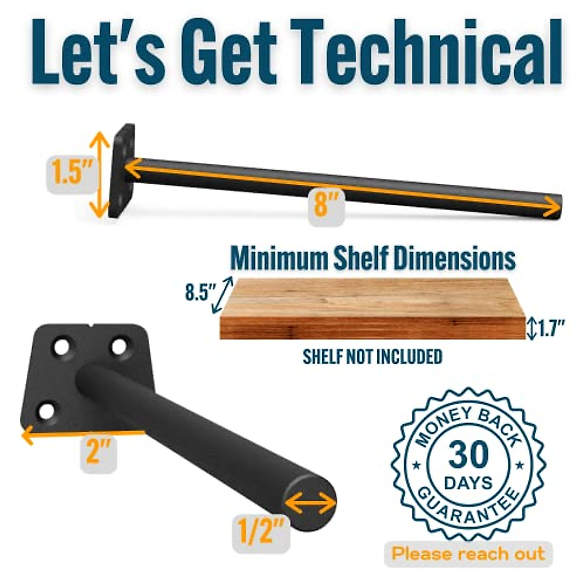 EVALD The Improved Floating Shelf Bracket | Heavy Duty Floating Shelf Hardware | 4X Floating Shelves Brackets ½" Diameter, 8X Premium Screws & 16x Anchors | Floating Mantel Bracket | 8 Inch