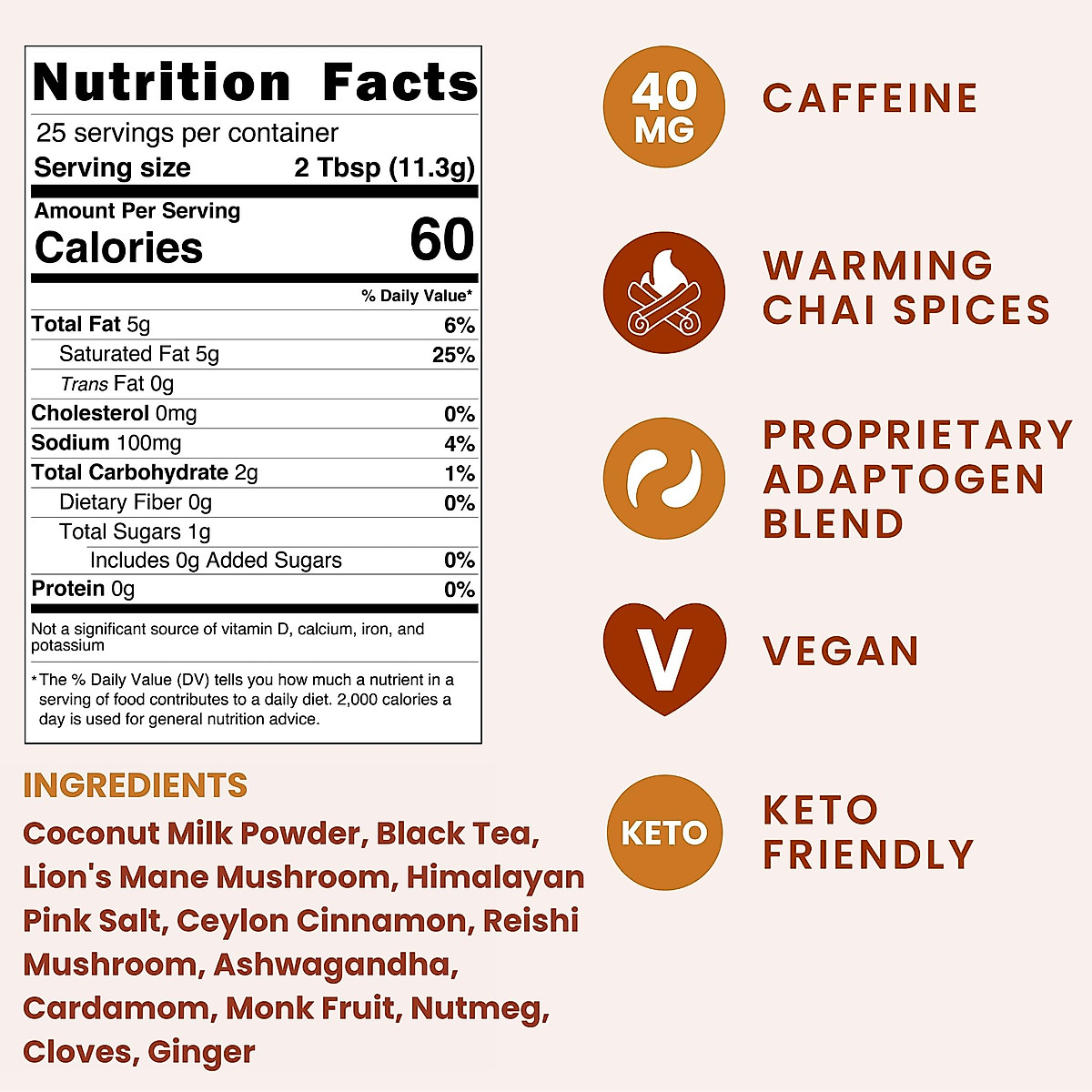 Mushroom Chai Tea Latte Mix by Moontower – Superfood Adaptogenic Mushroom Drink Powder with Ashwagandha, Lions Mane, Reishi, Organic Spices, & Black Tea, Coffee Alternative, Keto, Dairy Free, 10 oz