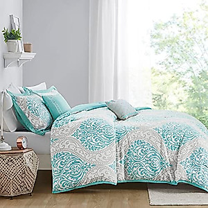Intelligent Design Senna Comforter Set Full/Queen Size - Aqua Blue/Gray, Damask – 5 Piece Bed Sets – All Season Ultra Soft Microfiber Teen Bedding - Great For Guest Room and Girls Bedroom