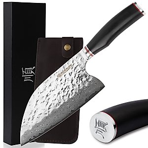 YOUSUNLONG Hybrid Cleaver 8 inch Meat Cleaver Outdoor Serbian Chef Knife-Japanese Damascus Steel - Natural Leadwood Handle with Leather