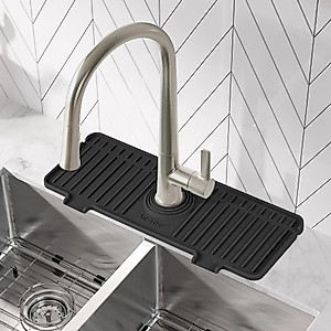 Amerner Kitchen Sink Splash Guard, 10° Large Slope & Adaptable Hole Faucet Mat for Kitchen Sink, Silicone Sink Organizer Sponge Holder for Kitchen, Bathroom, RV, Bar, 14.2” x 5.1”, Black