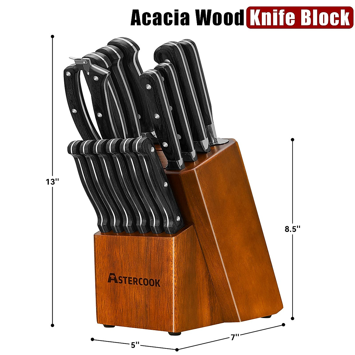 Knife Set, 15 Pcs Kitchen Knife Set With Block, Astercook German Stainless Steel With Scissors, Knife Sharpener and 6 Serrated Steak Knives