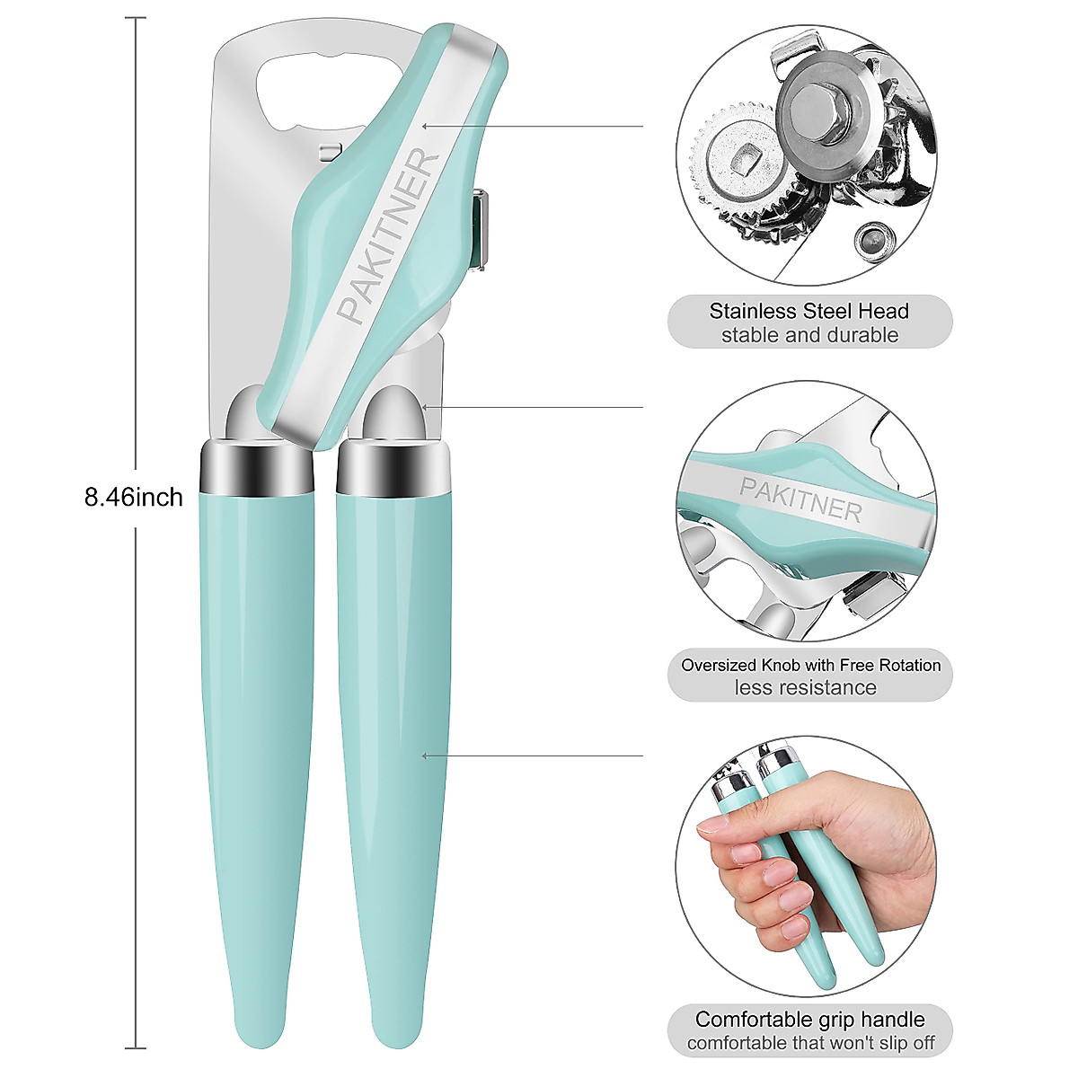 PAKITNER - Can Opener Manual, Safe Cut Heavy Duty Hand Can Opener with Magnetic Lifter, Stainless Steel with Sharp Blade Smooth Edge Can opener, Easy Big Turn Knob, with Bottle Opener, Aqua Sky