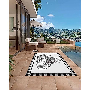 Outdoor Rug 4' x 6', Fall Thanksgiving Large Area Rugs for Patio/RV/Deck/Porch/Indoors, Black and White Checkered Pumpkin Water Absorption Camping Rug Carpet, Lightweight Washable Rug Runners
