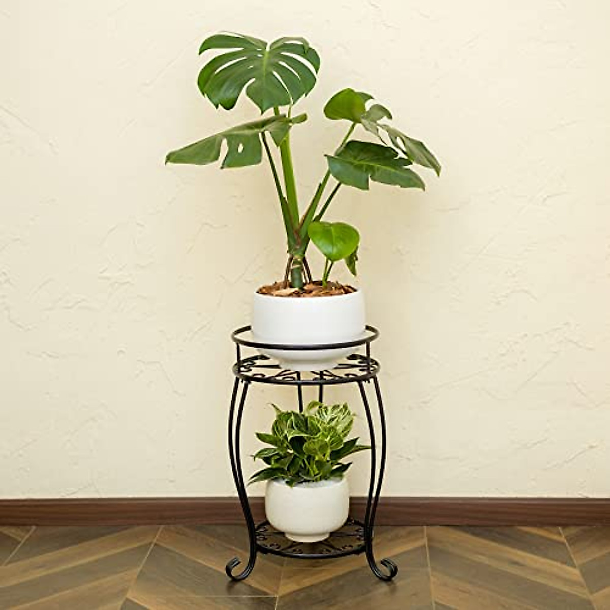 FaithLand Plant Stand, Heavy Duty Metal Planter Holder Indoor Outdoor, 2 Tier Round Potted Supports Rack, Corner Display Shelf Black