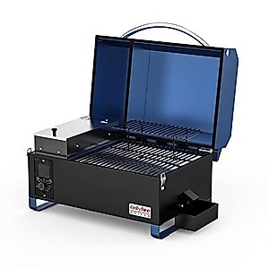 Onlyfire Portable Wood Pellet Grill and Smoker, 8 in 1 Tabletop Outdoor BBQ Grilling Stove for RV Camping Tailgating Cooking with Auto Temperature Control, LED Screen, Meat Probe & 2 Tiers Cooking Area, Blue