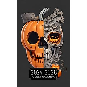 Pocket Calendar 2024-2026: Two-Year Monthly Planner for Purse , 36 Months from January 2024 to December 2026 | Halloween design | Half skeleton pumpkin head
