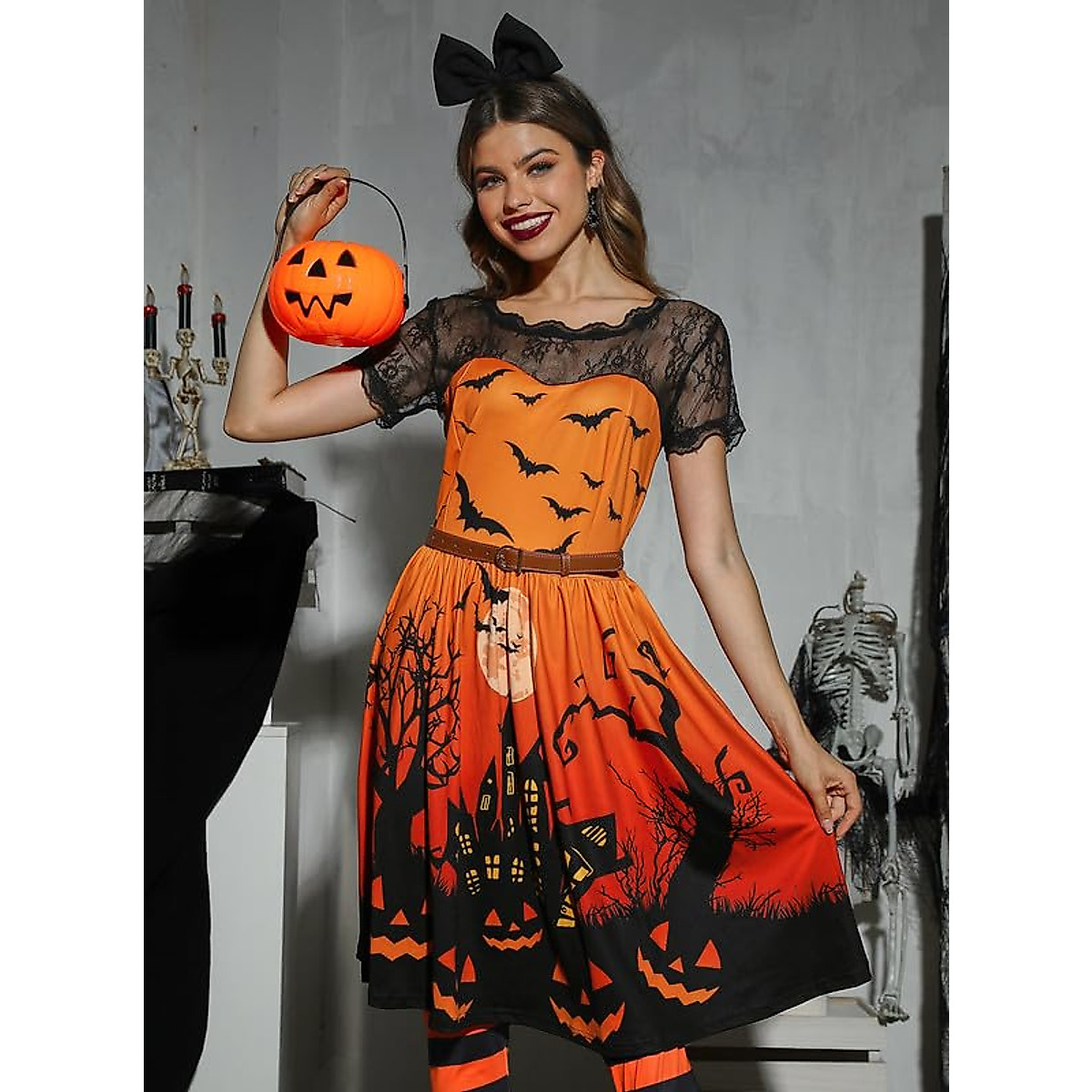 Spadehill Women Halloween Swing Party Costume Vintage Lace Sleeves Pumpkin Bat Witch Dress Pumpkin Castle Orange S