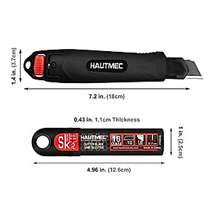 HAUTMEC 18mm Extra Heavy Duty Utility Knife with Double Lock Mechanism and 10pc Blade Set, Double Safety, SK2 Sharp Black Blade for Industrial or Construction Applications HT0153-KN