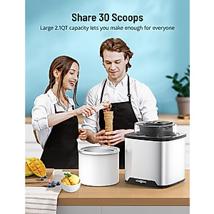 2.1 Quart Ice Cream Maker, Paris Rhône Automatic Homemade Electric Ice Cream Maker Machine for Countertops with Freezer Bowl, Spatula, Scoop, Measuring Cup for Frozen Yogurt, Creamy Ice Cream,