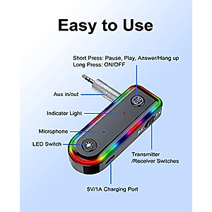 Geva Bluetooth Transmitter and Receiver, 2-in-1 Wireless Bluetooth aux Adapter, BT 5.3 Mini Wireless 3.5mm Aux Audio Adapter for Car, PC, TV, Home Stereo, Wired Headphones with LED Lights, Black, Q3