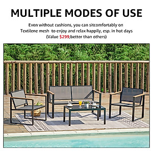 NATURAL EXPRESSIONS 4 Pieces Patio Furniture Sets,Outdoor Metal Sectional Furniture Modern Patio Conversation Set,Fuaxwood Anti-Scald Armrest,Sling Mesh,Tempered-Glass Table,4" Olefin Cushions