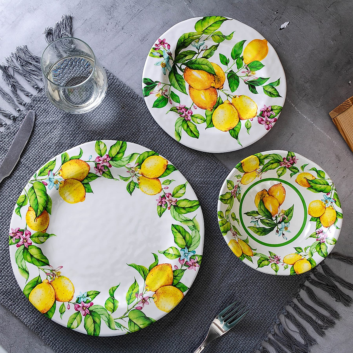 LEHAHA Lemon Melamine Dinnerware Dish Set – 12 Piece Indoor and Outdoor Plates and Bowls Set for Everyday Use, Dishwasher Safe, Unbreakable Kitchen Dinner Set, Service for 4…