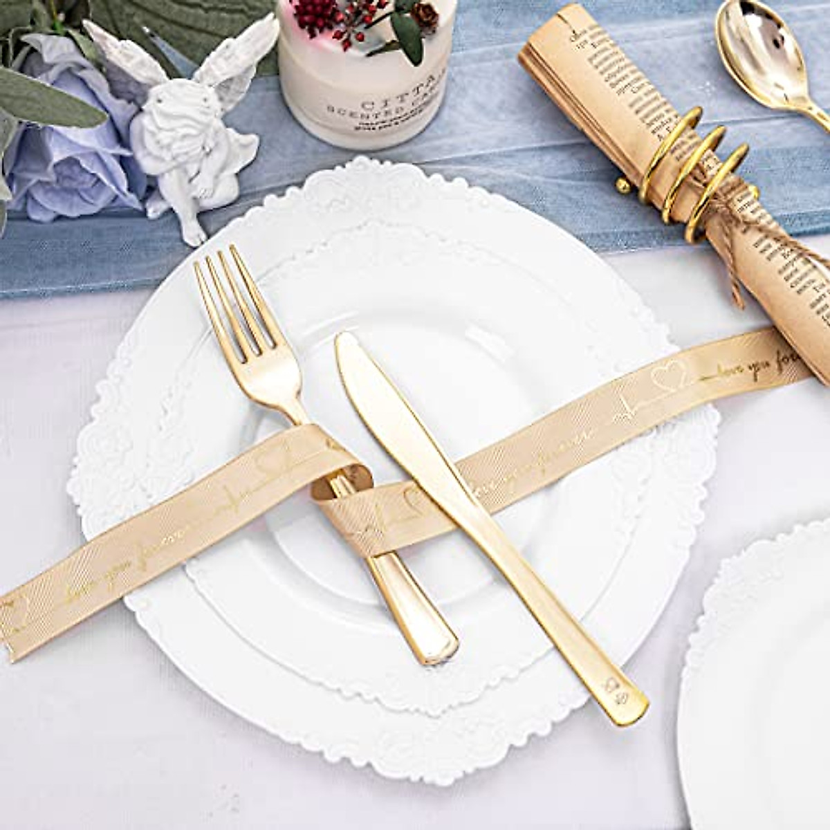 Morejoy 100PCS White Plastic Plates - White Disposable Plates - Include 50 Pieces 10.25 Inch Dinner Plates & 50Pieces 7.5 Inch Dessert Plates - Perfect for Weddings & Thanksgiving & Christmas