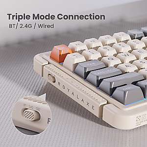 ROYALAXE L75 Wireless Mechanical Keyboard, Hot-swappable Wired/Bluetooth 5.0/2.4G Wireless Keyboard with RGB Backlit for Windows & Mac, PBT Keycaps, Gateron Yellow Switch Pro, Pebble White