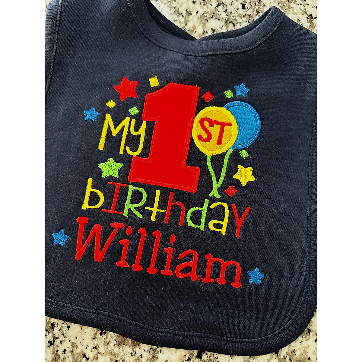 Fantasy Kids Designs First Birthday Boy Bib Personalized with Baby Name (Navy Blue Bib/Red)
