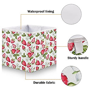 Kigai Strawberry Floral Fabric Storage Bin 11" x 11" x 11" Cube Baskets Collapsible Store Basket Bins for Home Closet Bedroom Drawers Organizers