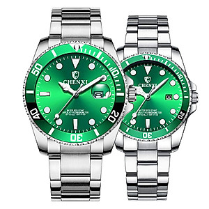 MASTOP Couple Watches Classic Golden Stainless Steel Watch His and Hers Waterproof Quartz Watch (Silver Green)