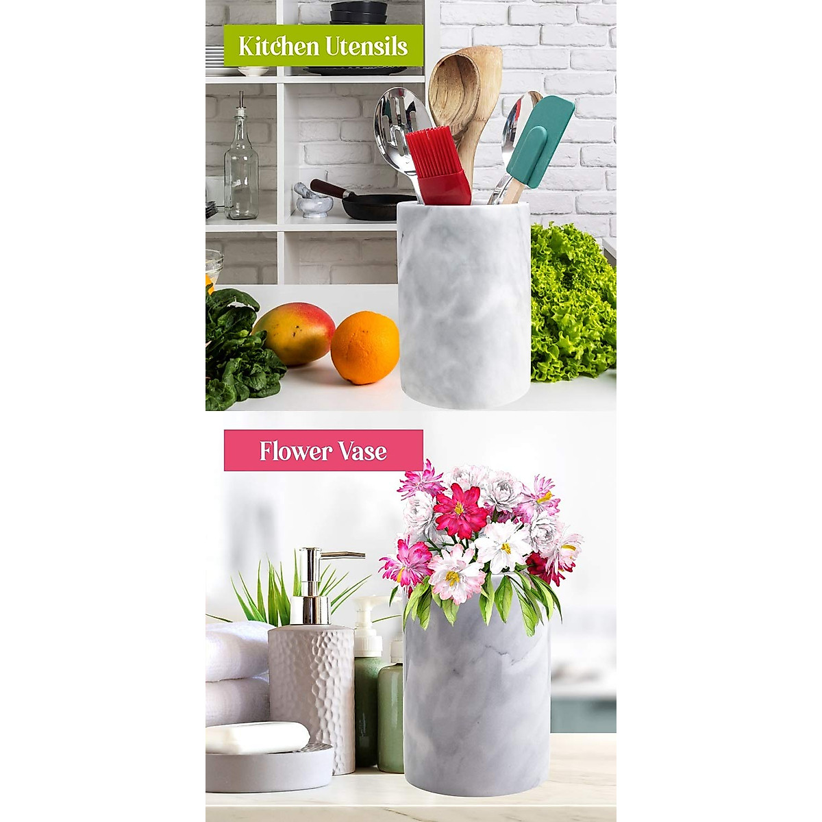 Marble Utensil Holder for Kitchen Counter Decor, Flatware & Utensil Storage Organizer - Kitchen Utensil Organizer for Countertops, Pantry, Bathroom, Office & Center Table