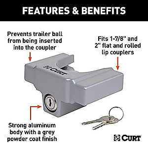 CURT 23079 Powder-Coated Aluminum Trailer Tongue Lock, Fits Most 2-Inch, 1-7/8-Inch Couplers , grey
