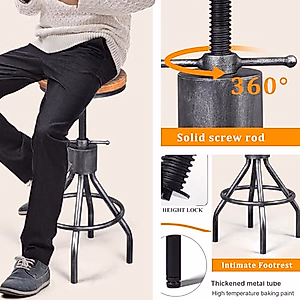 LOKKHAN Set of 2 Industrial Bar Stool-Vintage Adjustable Round Wood Metal Swivel Bar Stool-Cast Iron-23-30 Inch Tall Counter Bar Height Farmhouse Kitchen Stools