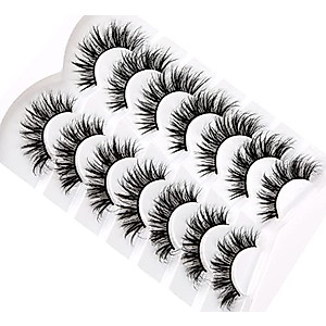 Pooplunch False Eyelashes Wispy Mink Lashes Cat Eye Look 8D Volume Fluffy Natural Fake Eyelash Faux Mink Lashes 7 Pairs Pack