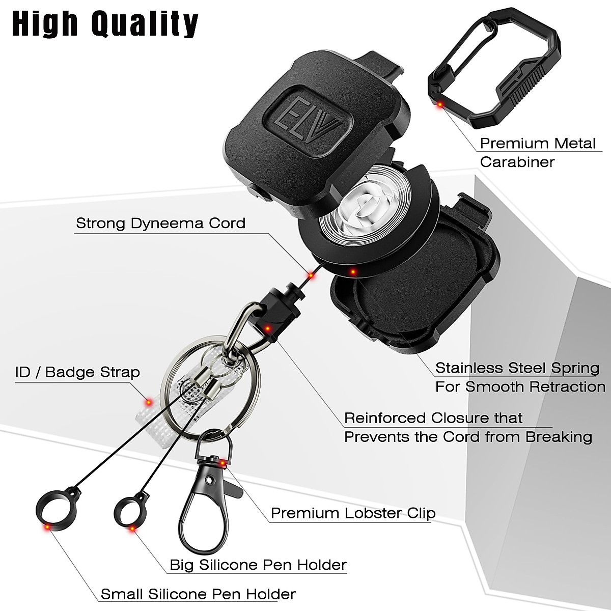 ELV 2 Pack Heavy Duty Retractable Keychain with Lock Function & Carabiner, Retractable ID Badge Holder Clip, Retractable Badge Reel with 32” Dyneema Cord, Key Ring, Lobster Clip and Pen Holders