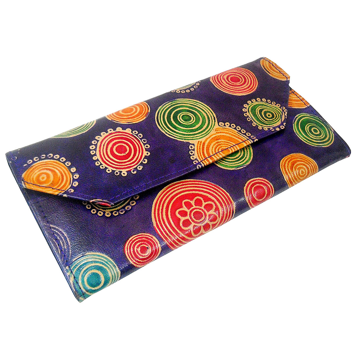 Circles Design Genuine 100% Pure leather Embossed Handmade Colorful Shantiniketan Hand Purse in Blue