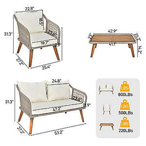 Outvita Patio Furniture 4pcs Outdoor Conversation Sofa Set with Gray Sofa&White Cushion Coffee Table, Loveseat and Single Chair for Backyard Garden Terrace Balcony