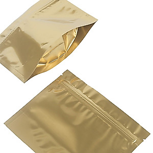 QQ Studio Pack of 100 Double-Sided Glossy Wide Mouth Smell Proof Stand Up Resealable Pouch Bags (Glossy Gold, 6.5x5" (3oz))