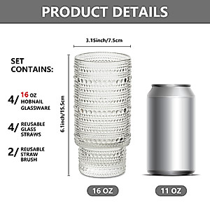 INSETLAN 16oz Hobnail Drinking Glasses Set of 4 with Glass Straws - Stackable Cups for Bar, Cocktails, and Beverages - Ideal for Iced Coffee, Beer, Juice, and Water - Pleasing and Durable Glassware
