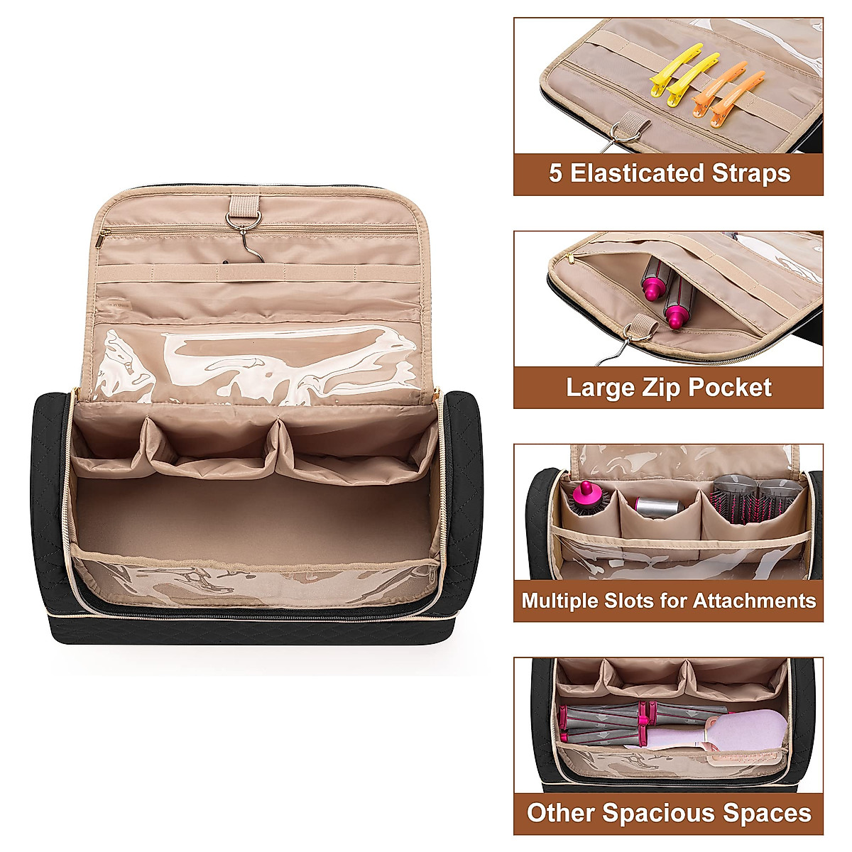 Yarwo Double-layer Storage Bag Compatible for Dyson Airwrap Multi-styler Complete and Attachments, Portable Travel Case with Hanging Hook for Hair Curler Accessories, Black (Bag Only, Patent Design)