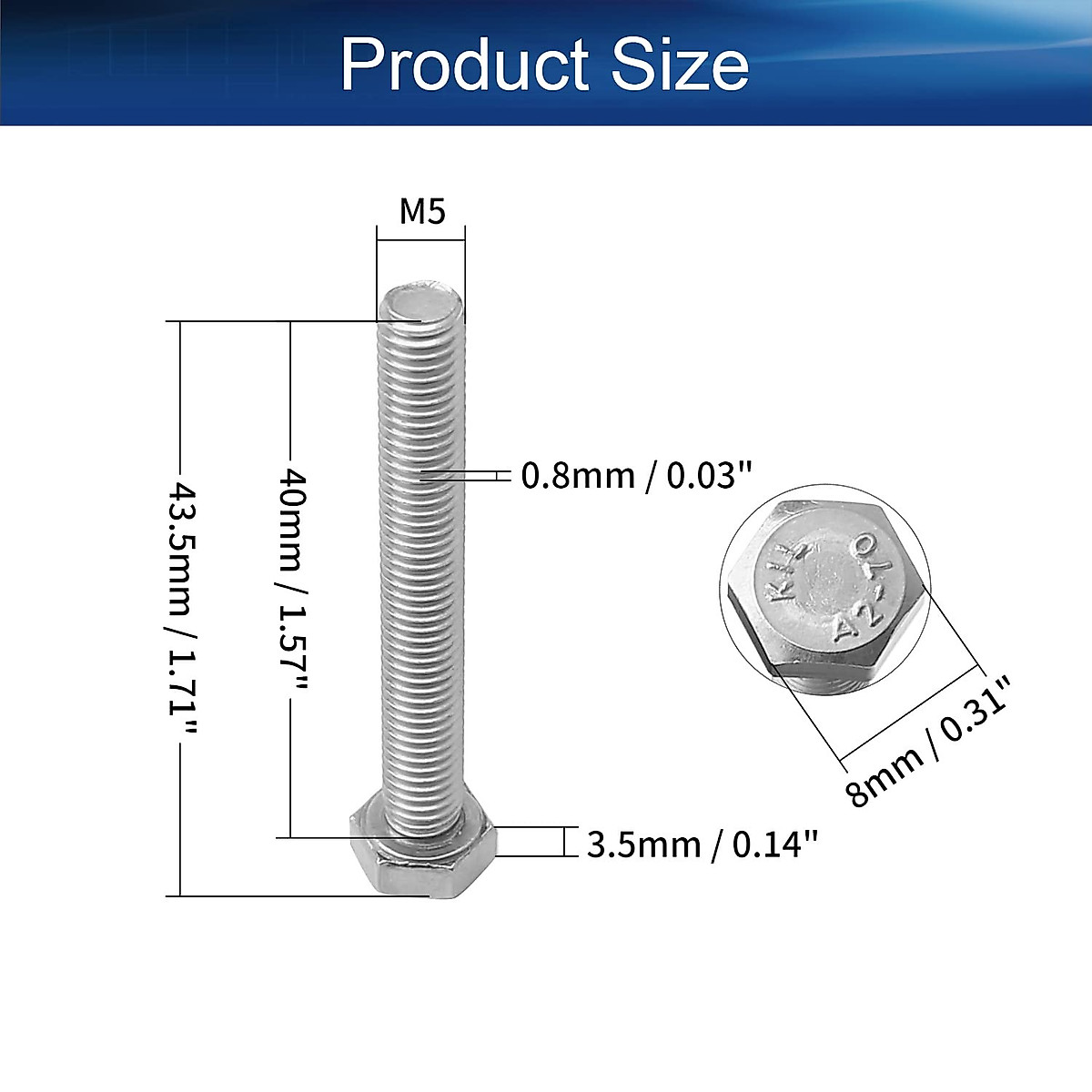 Yinpecly M5 Thread 40mm 304 Stainless Steel Hex Screw Bolts Fastener 10pcs