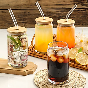 VITEVER 6 Pack 16oz & 4 Pack 20oz Glass Cups with Bamboo Lids and Glass Straw - Beer Can Shaped Drinking Glasses, Iced Coffee Glasses, Cute Tumbler Cup for Smoothie, Boba Tea, Gift