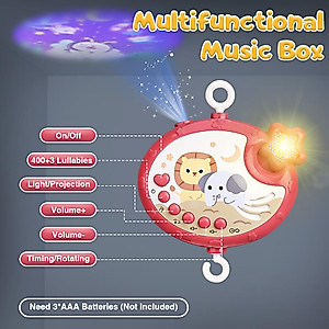 Mini Tudou Baby Crib Mobile with Music and Lights,360°Rotation Remote Control Musical Mobile for Crib with 400 Lullabies,Projection Night Light and Chewable Rattle Toy,Crib Mobile for Girls and Boys