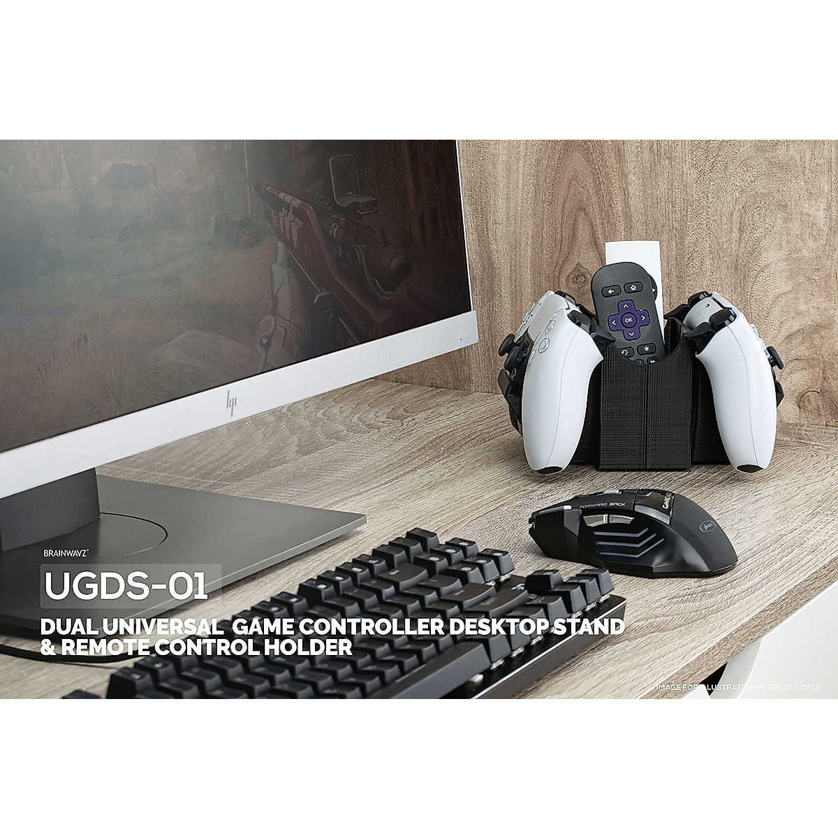 BRAINWAVZ Dual Game Controller & TV Remote Control & Storage Desktop Holder, Universal Design for Xbox ONE PS5 PS4 PC Gamepads, Reduce Clutter, UGDS-01