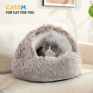 CATISM Cat Bed, Plush Hooded Cat Beds for Indoor Cats, Calming Cat Nest, Self Warming Cat Bed Cave, Cozy Cat Pod for Indoor Cat or Small Dog, Removable Washable Cat Cove with Non-Slip Bottom