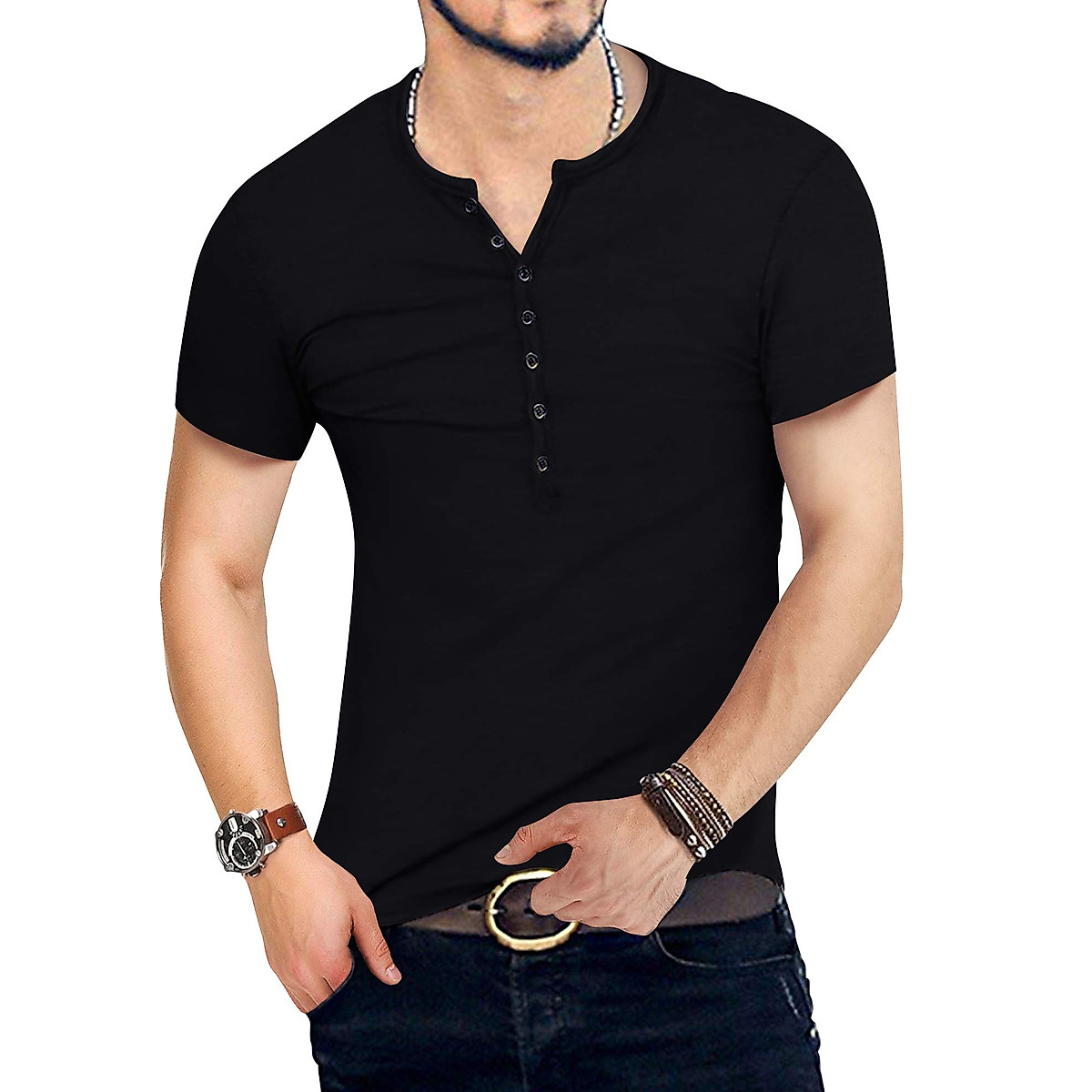YTD Mens Casual Slim Fit Basic Henley Short Sleeve Fashion Summer T-Shirt XL Black