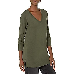 Amazon Essentials Women's Lightweight Long-Sleeve V-Neck Tunic Sweater (Available in Plus Size), Dark Olive, Large