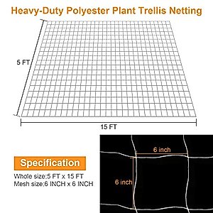 BetyBedy 5 x 15FT Trellis Netting, Heavy-Duty Polyester Plant Trellis Netting, Square Mesh Net for Climbing Plant, Fruits, Vegetables, Vines, Grow Tents (1 Pack, White)